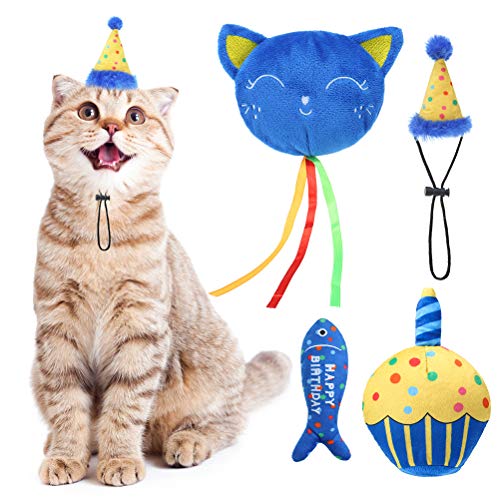 BINGPET Catnip Toys for Indoor Cats, Cat Birthday Hat and Interactive Plush Kitten Chew Toys - Cute Cake, Fish, Balloon Toys with Crinkle Paper and Catnip Inside