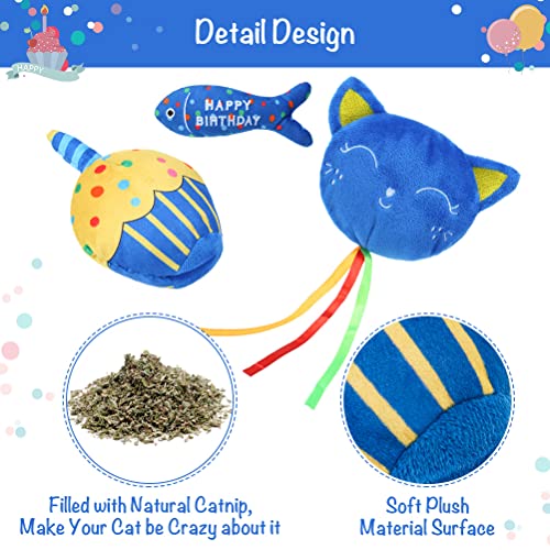 BINGPET Catnip Toys for Indoor Cats, Cat Birthday Hat and Interactive Plush Kitten Chew Toys - Cute Cake, Fish, Balloon Toys with Crinkle Paper and Catnip Inside