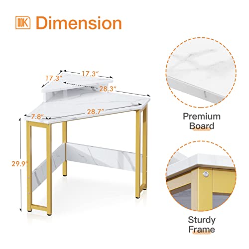 ODK Corner Desk Space Saving Small Desk with Sturdy Steel Frame, Computer Desk with Monitor Stand for Small Space, Easy Assembly Triangle Vanity Desk with Durable Wooden Desktop (Marble)