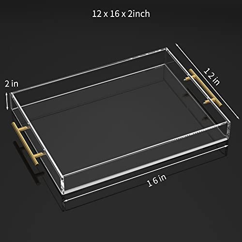 NIUBEE Clear Serving Tray 12x16 Inches -Spill Proof- Acrylic Decorative Tray Organiser for Ottoman Coffee Table Countertop with Round Handles