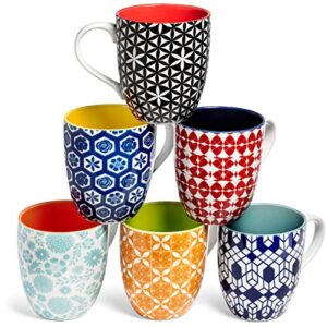 annovero coffee mugs, set of 6 modern colorful cute porcelain mugs/cups with large handle, for women or men, great for tea, cocoa or hot chocolate, 16 fluid ounce capacity