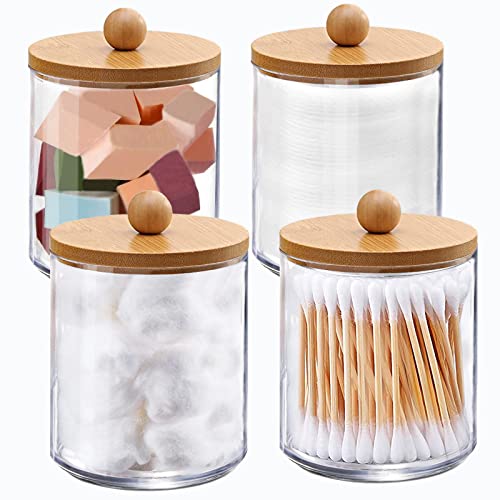 WISIEW Apothecary Jars Bathroom Vanity Organizer - 4 Pack 10 Oz Q-Tips Dispenser Holder, Clear Plastic Jar with Lids Makeup Organizer Holder for Cotton Swab Rounds Ball, Floss Picks, Bath Salts