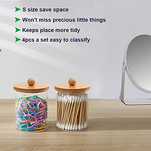 WISIEW Apothecary Jars Bathroom Vanity Organizer - 4 Pack 10 Oz Q-Tips Dispenser Holder, Clear Plastic Jar with Lids Makeup Organizer Holder for Cotton Swab Rounds Ball, Floss Picks, Bath Salts