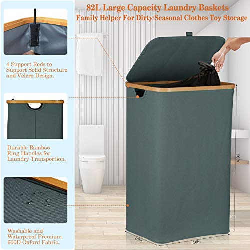 BEENLE 82L Bamboo Large Laundry Hamper with Lip and Detachable Laundry Bags, Dirty Clothes Basket with Lid & Handles, Collapsible Laundry Baskets Bedroom Washing Bin for Clothing Organization Toys