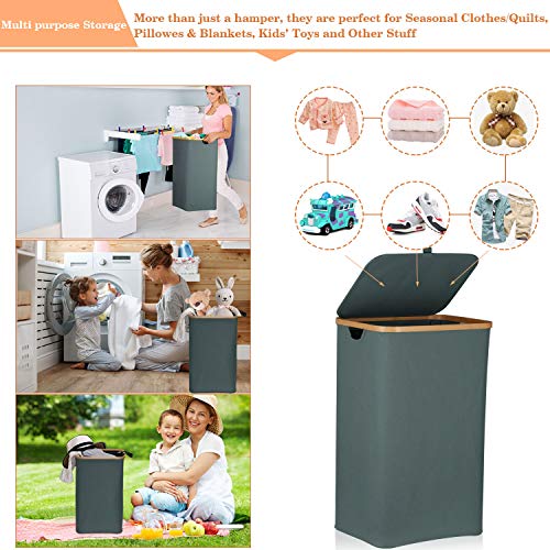 BEENLE 82L Bamboo Large Laundry Hamper with Lip and Detachable Laundry Bags, Dirty Clothes Basket with Lid & Handles, Collapsible Laundry Baskets Bedroom Washing Bin for Clothing Organization Toys