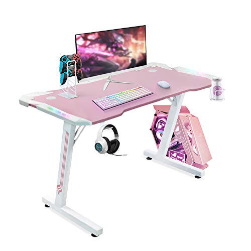 YOUTHUP Gaming Desk with LED Lights, 43" Z Shaped RGB Gaming Computer Desk Table, Ergonomic PC Workstation with Remote Control, Cup Holder, Handle Rack, Headphone Hook for Home Office Use (Pink)