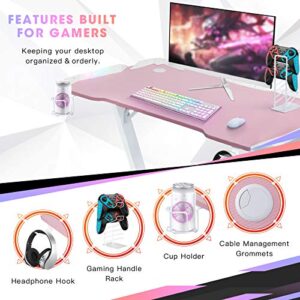 YOUTHUP Gaming Desk with LED Lights, 43" Z Shaped RGB Gaming Computer Desk Table, Ergonomic PC Workstation with Remote Control, Cup Holder, Handle Rack, Headphone Hook for Home Office Use (Pink)