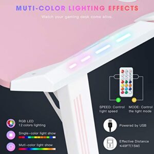 YOUTHUP Gaming Desk with LED Lights, 43" Z Shaped RGB Gaming Computer Desk Table, Ergonomic PC Workstation with Remote Control, Cup Holder, Handle Rack, Headphone Hook for Home Office Use (Pink)