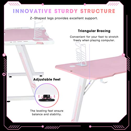 YOUTHUP Gaming Desk with LED Lights, 43" Z Shaped RGB Gaming Computer Desk Table, Ergonomic PC Workstation with Remote Control, Cup Holder, Handle Rack, Headphone Hook for Home Office Use (Pink)