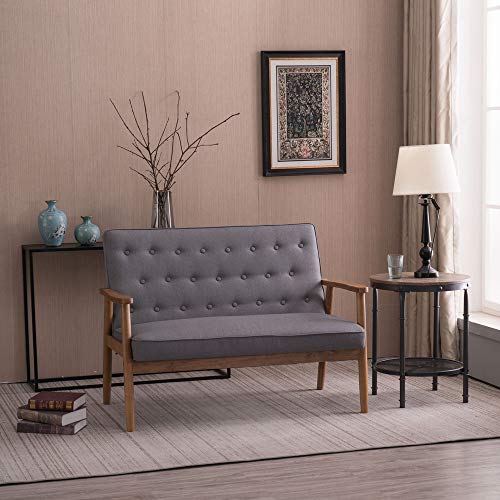 Bonnlo Mid-Century Sofa Couch for 2,Wooden Loveseat Sofa Modern Upholstered Loveseat Sofa Living Room 2-Seater Lounge Accent Chair, Fabric Grey