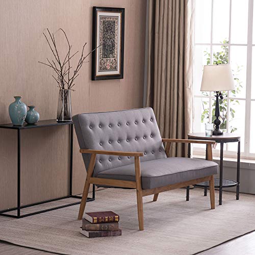 Bonnlo Mid-Century Sofa Couch for 2,Wooden Loveseat Sofa Modern Upholstered Loveseat Sofa Living Room 2-Seater Lounge Accent Chair, Fabric Grey