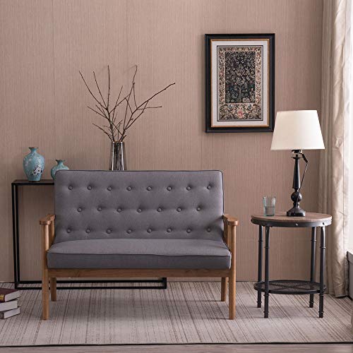 Bonnlo Mid-Century Sofa Couch for 2,Wooden Loveseat Sofa Modern Upholstered Loveseat Sofa Living Room 2-Seater Lounge Accent Chair, Fabric Grey