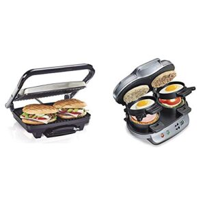 hamilton beach panini press, sandwich maker & electric indoor grill, upright storage, nonstick easy clean grids, stainless steel (25410) & dual breakfast sandwich maker with timer, silver (25490a)