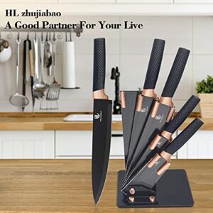 ZHUJIABAO Black Kitchen Knife Block Set with Acrylic Stand 6PCS Professional Stainless Steel Chef Knife Set with Nonstick Coating and Ultra Sharp Edge Cutlery Knife Block Set as Gift for Man and Woman