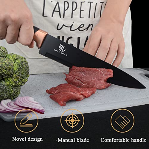 ZHUJIABAO Black Kitchen Knife Block Set with Acrylic Stand 6PCS Professional Stainless Steel Chef Knife Set with Nonstick Coating and Ultra Sharp Edge Cutlery Knife Block Set as Gift for Man and Woman