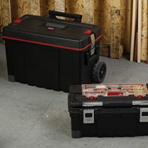 Keter Mobile Hawk Cart and Stackable Tool Box System and Organizer with Telescopic Comfort Grip Handle - Perfect Organization and Storage Chest for Power Drill, Tape Measure, and Small Parts