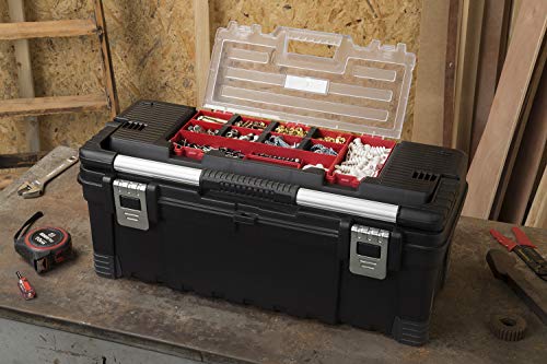 Keter Mobile Hawk Cart and Stackable Tool Box System and Organizer with Telescopic Comfort Grip Handle - Perfect Organization and Storage Chest for Power Drill, Tape Measure, and Small Parts