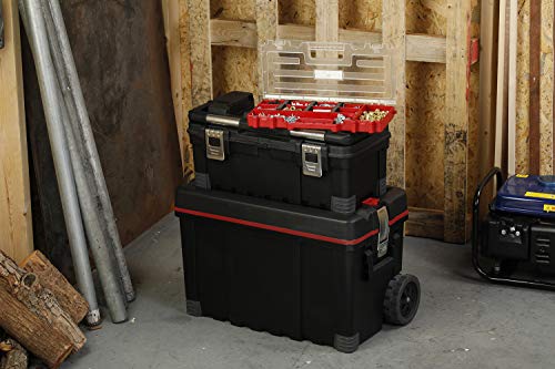 Keter Mobile Hawk Cart and Stackable Tool Box System and Organizer with Telescopic Comfort Grip Handle - Perfect Organization and Storage Chest for Power Drill, Tape Measure, and Small Parts