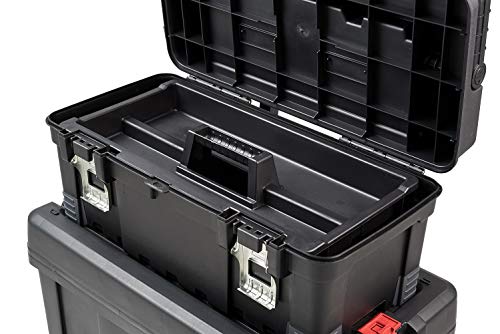 Keter Mobile Hawk Cart and Stackable Tool Box System and Organizer with Telescopic Comfort Grip Handle - Perfect Organization and Storage Chest for Power Drill, Tape Measure, and Small Parts