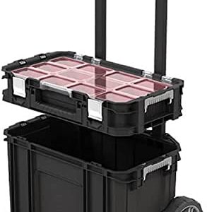 Keter Mobile Hawk Cart and Stackable Tool Box System and Organizer with Telescopic Comfort Grip Handle - Perfect Organization and Storage Chest for Power Drill, Tape Measure, and Small Parts