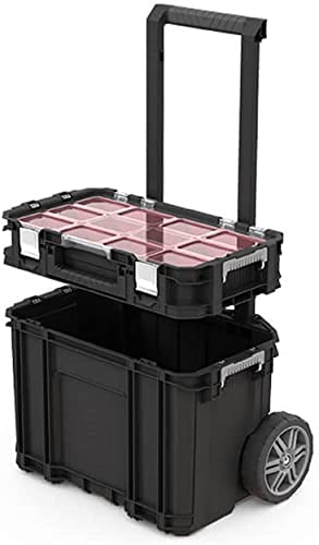 Keter Mobile Hawk Cart and Stackable Tool Box System and Organizer with Telescopic Comfort Grip Handle - Perfect Organization and Storage Chest for Power Drill, Tape Measure, and Small Parts