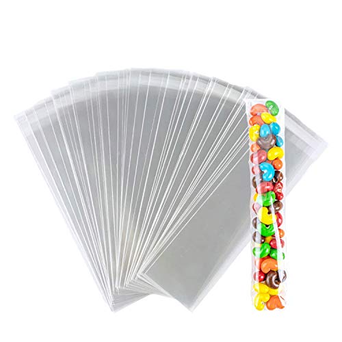 100 Pcs Resealable Cello Bags Pretzel Bags, RFWIN 2 X 10 Inches Clear Self Sealing Cellophane Treat Bag for Easter Snack Bakery Candy Cookie Chocolates