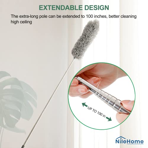 NileHome Microfiber Duster with Extension Pole, (30-100 inch) Dusters for Cleaning with Washable and Bendable Head Ceiling Fan Duster for High Ceilings, Furniture,Cobweb