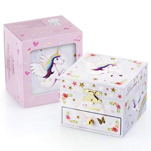 RR ROUND RICH DESIGN Kids Musical Jewelry Box for Girls with Drawer and Jewelry Set with Brave Unicorn - Beautiful Dream Tune Purple