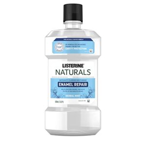 listerine naturals enamel repair mouthwash with mineral sodium fluoride, oral rinse to help restore tooth enamel & kill bad breath germs, 99% naturally derived, herbal mint, 500 ml