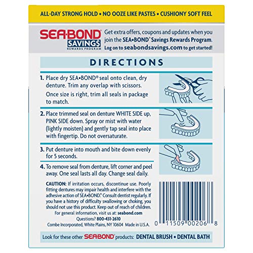 Sea Bond Secure Denture Adhesive Seals, Original Lowers, Zinc-Free, All-Day-Hold, Mess-Free, 30 Count (Pack of 4)