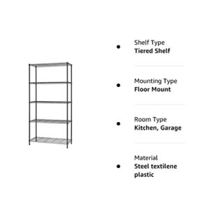 14" D×36" W×72" H Wire Shelving Unit Commercial Metal Shelf with 5 Tier Adjustable Layer Rack Strong Steel for Restaurant , Pantry, Kitchen Garage，Black