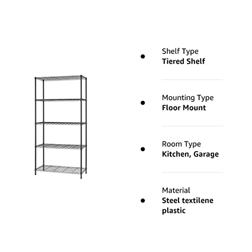 14" D×36" W×72" H Wire Shelving Unit Commercial Metal Shelf with 5 Tier Adjustable Layer Rack Strong Steel for Restaurant , Pantry, Kitchen Garage，Black