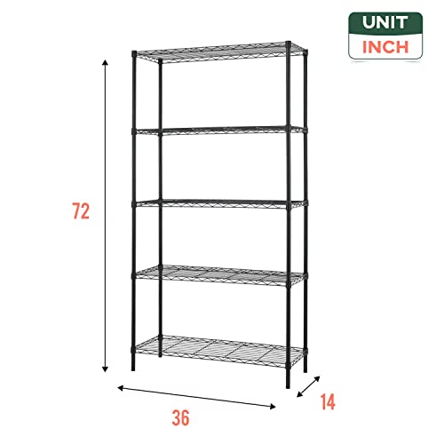 14" D×36" W×72" H Wire Shelving Unit Commercial Metal Shelf with 5 Tier Adjustable Layer Rack Strong Steel for Restaurant , Pantry, Kitchen Garage，Black