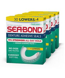 sea-bond secure denture adhesive seals, fresh mint lowers, zinc-free, all-day-hold, mess-free, 30 count (pack of 4)