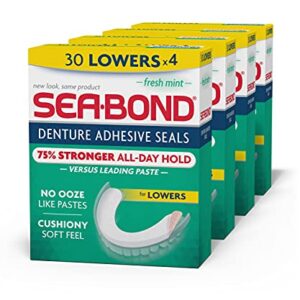 Sea-Bond Secure Denture Adhesive Seals, Fresh Mint Lowers, Zinc-Free, All-Day-Hold, Mess-Free, 30 Count (Pack of 4)