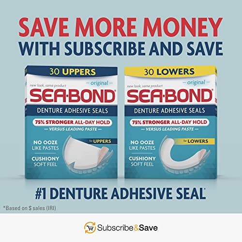 Sea-Bond Secure Denture Adhesive Seals, Fresh Mint Lowers, Zinc-Free, All-Day-Hold, Mess-Free, 30 Count (Pack of 4)