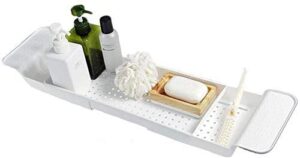 bathtub tray caddy plastic shower organizer trays with extending sides bath kitchen shelf, fits most tubs 31" x 6.7" (white)