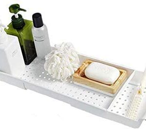 Bathtub Tray Caddy Plastic Shower Organizer Trays with Extending Sides Bath Kitchen Shelf, Fits Most Tubs 31" x 6.7" (White)