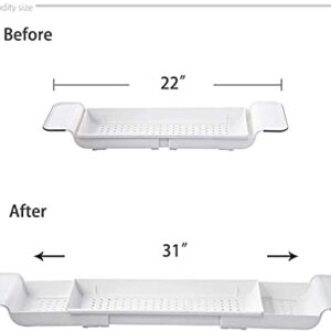 Bathtub Tray Caddy Plastic Shower Organizer Trays with Extending Sides Bath Kitchen Shelf, Fits Most Tubs 31" x 6.7" (White)