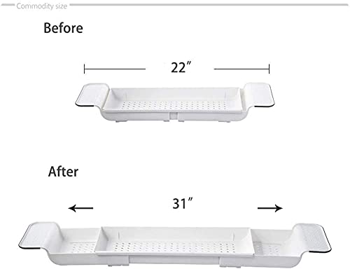 Bathtub Tray Caddy Plastic Shower Organizer Trays with Extending Sides Bath Kitchen Shelf, Fits Most Tubs 31" x 6.7" (White)