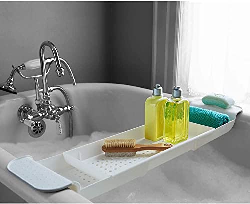 Bathtub Tray Caddy Plastic Shower Organizer Trays with Extending Sides Bath Kitchen Shelf, Fits Most Tubs 31" x 6.7" (White)