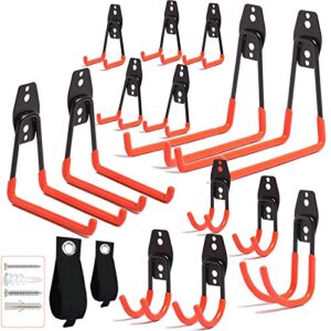 16pcs garage hooks heavy duty, steel storage utility hook, garage organization tool shelf have anti slip coating for organizing power or garden tools, bike, cable organization, more equipment