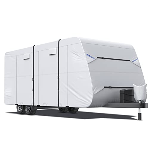 RVMasking 2022 New Rip-Stop RV Cover Windproof Travel Trailer Cover Fits 28' 7"-31' 6" Long Motorhome, Upgraded Waterproof Camper Cover with Gutter Covers for Durable Protection