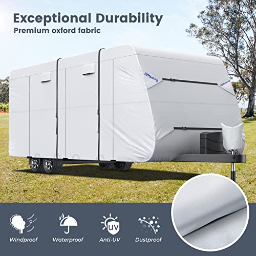 RVMasking 2022 New Rip-Stop RV Cover Windproof Travel Trailer Cover Fits 28' 7"-31' 6" Long Motorhome, Upgraded Waterproof Camper Cover with Gutter Covers for Durable Protection