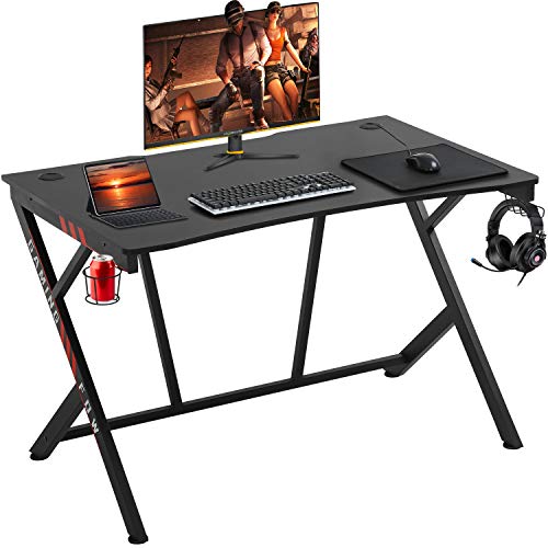 Gaming Desk 45" W x 29" D Home Office Computer Desk Racing Style Study DeskExtra Large Modern Ergonomic PC Carbon Fiber Writing Desk Table with Cup Holder Headphone Hook