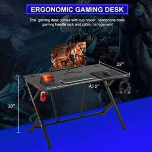 Gaming Desk 45" W x 29" D Home Office Computer Desk Racing Style Study DeskExtra Large Modern Ergonomic PC Carbon Fiber Writing Desk Table with Cup Holder Headphone Hook