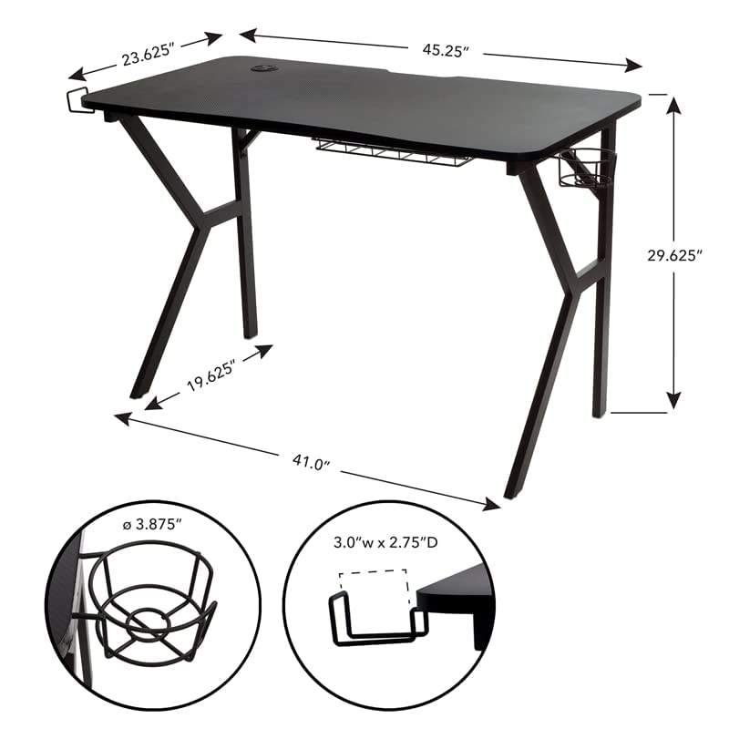 Atlantic Spectrum Executive/Gaming Desk, Carbon-Fiber Laminated Surface, All-Steel K-legs, Rear-Facing LEDs with Remote Control, Ergonomic Curved Front Edge, Cable Management Tray, PN 33906168 - Black