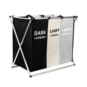 laundry cloth hamper sorter basket bin foldable 3 sections with aluminum frame 26''×24''h washing storage dirty clothes bag for bathroom bedroom home storage basket (3 liner, white+grey+black)