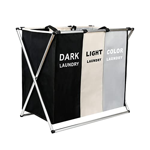 Laundry Cloth Hamper Sorter Basket Bin Foldable 3 Sections with Aluminum Frame 26''×24''H Washing Storage Dirty Clothes Bag for Bathroom Bedroom Home Storage basket (3 Liner, White+grey+black)