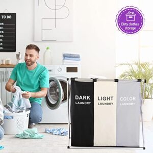 Laundry Cloth Hamper Sorter Basket Bin Foldable 3 Sections with Aluminum Frame 26''×24''H Washing Storage Dirty Clothes Bag for Bathroom Bedroom Home Storage basket (3 Liner, White+grey+black)